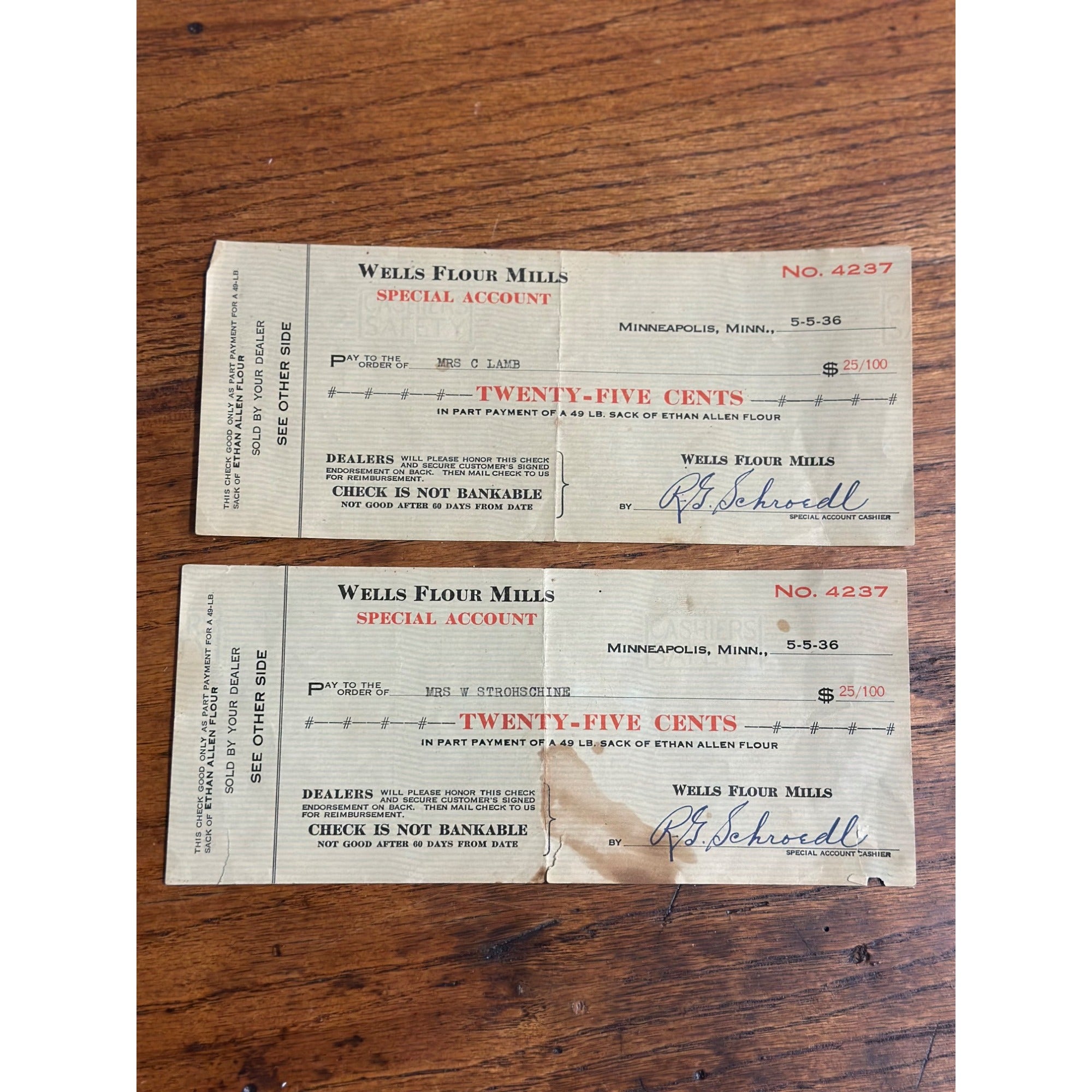 Vintage Wells Flour Mills 1936 Checks Minneapolis Minnesota Ethan Alle ...