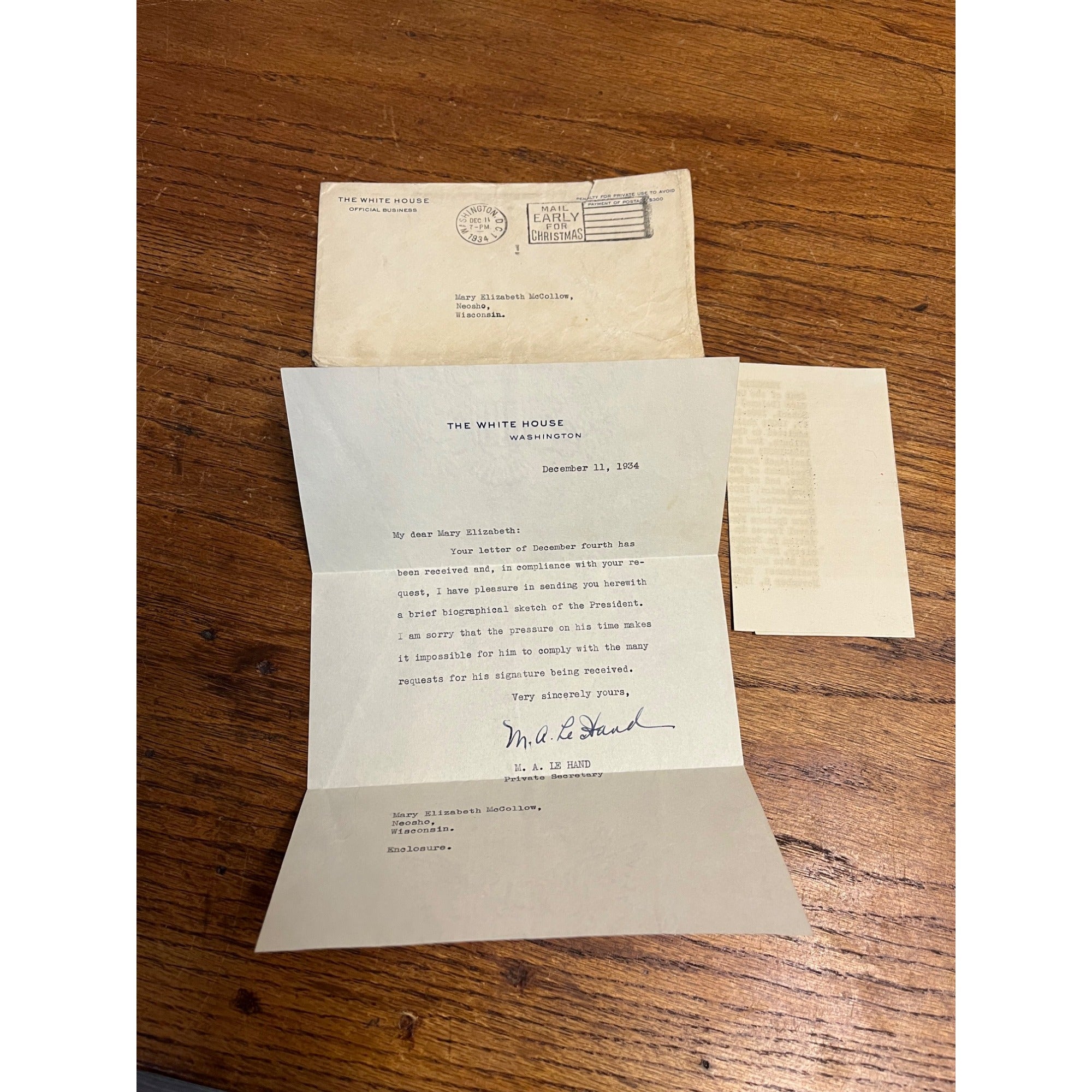 Marguerite "Missy" LeHand 1934 Signed Letter FDR Roosevelt's Private S ...